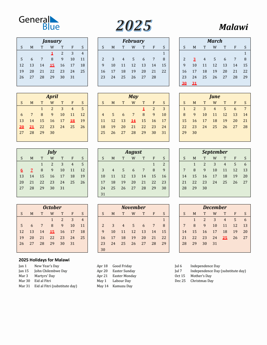 2025 Malawi Calendar with Sunday Start