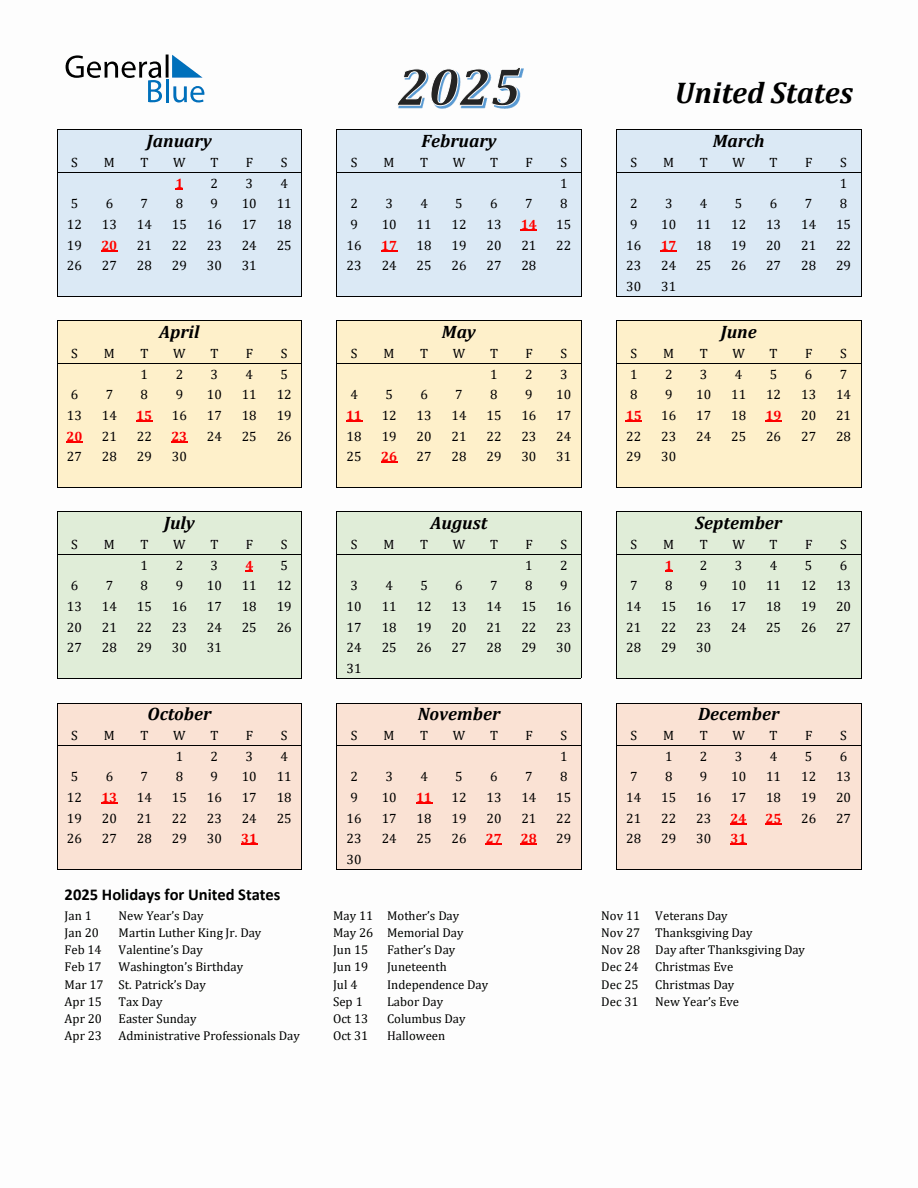 2025 United States Calendar