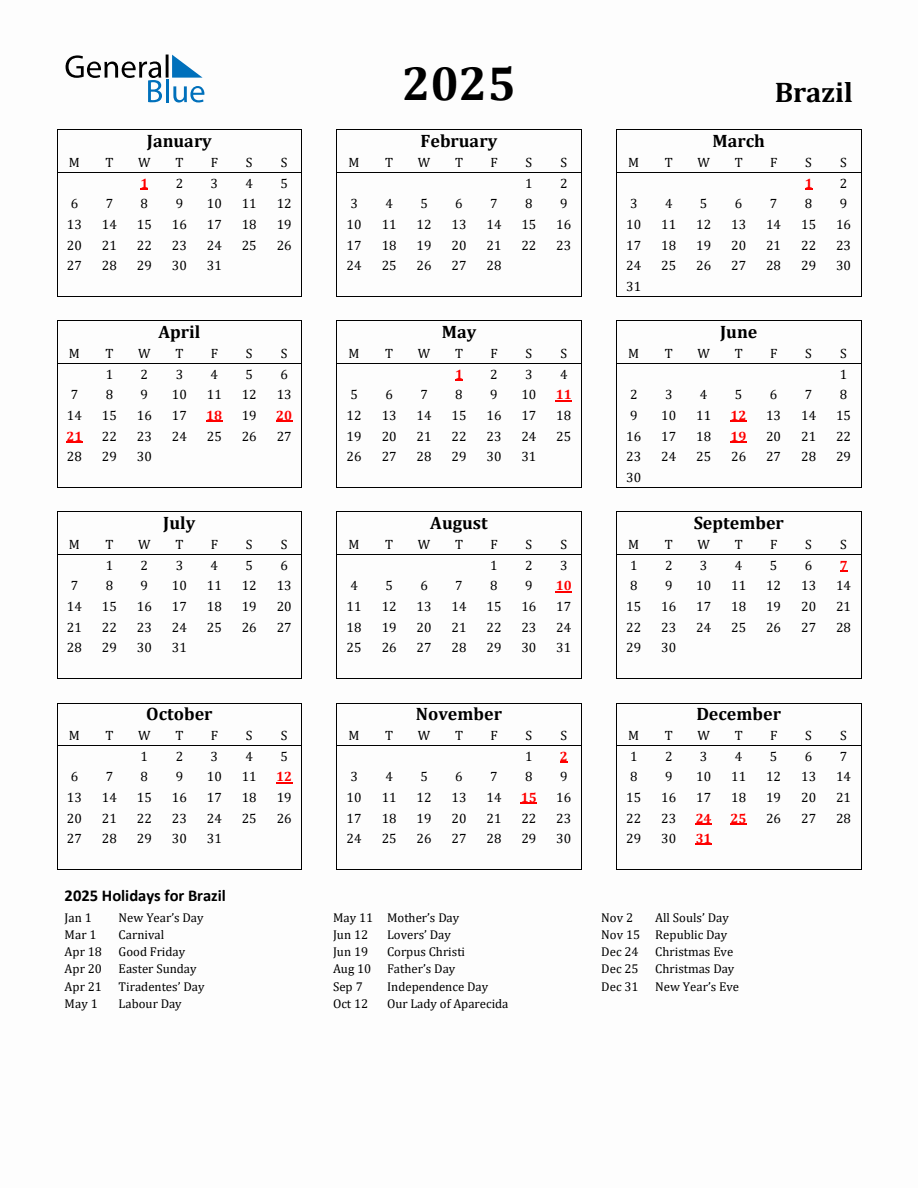 Free Printable 2025 Brazil Holiday Calendar - Monday Start
