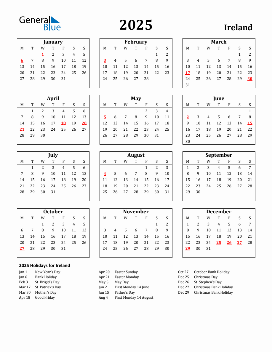 Free Printable 2025 Ireland Holiday Calendar - Monday Start