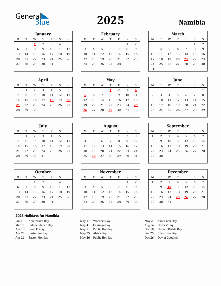 Free Printable 2025 Namibia Holiday Calendar - Monday Start