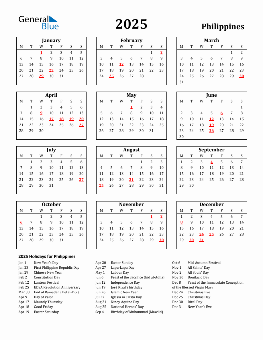 Free Printable 2025 Philippines Holiday Calendar - Monday Start