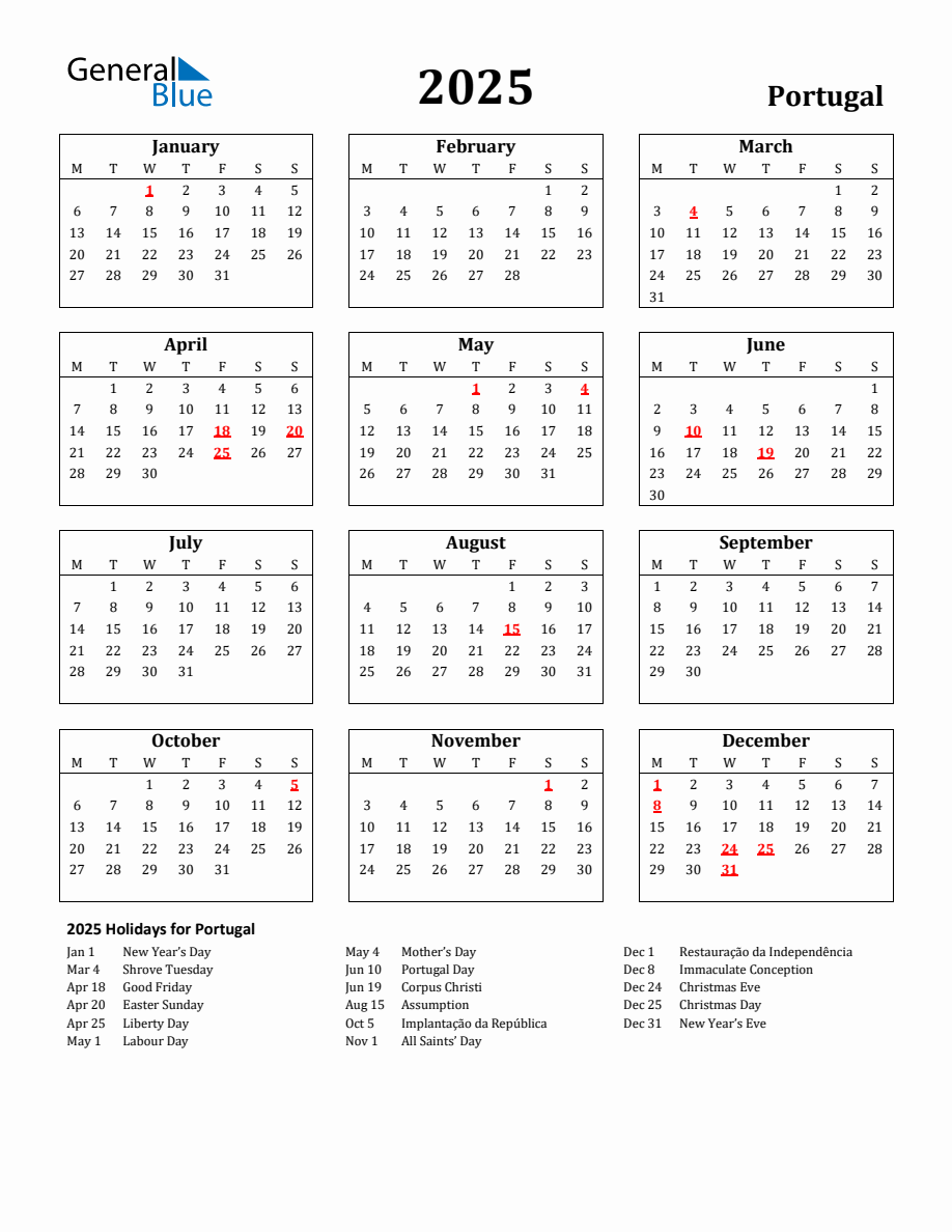 Free Printable 2025 Portugal Holiday Calendar - Monday Start