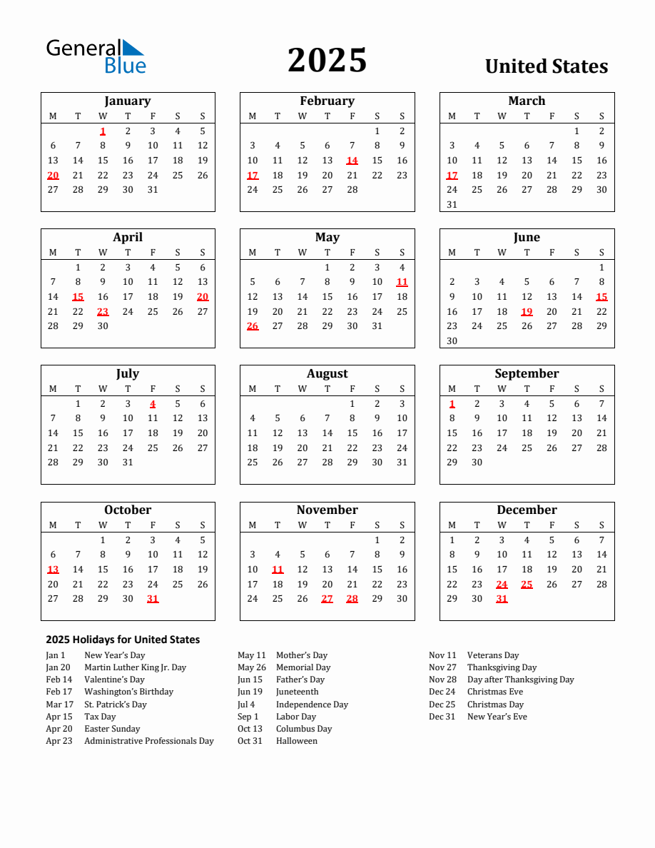 Free Printable 2025 United States Holiday Calendar - Monday Start