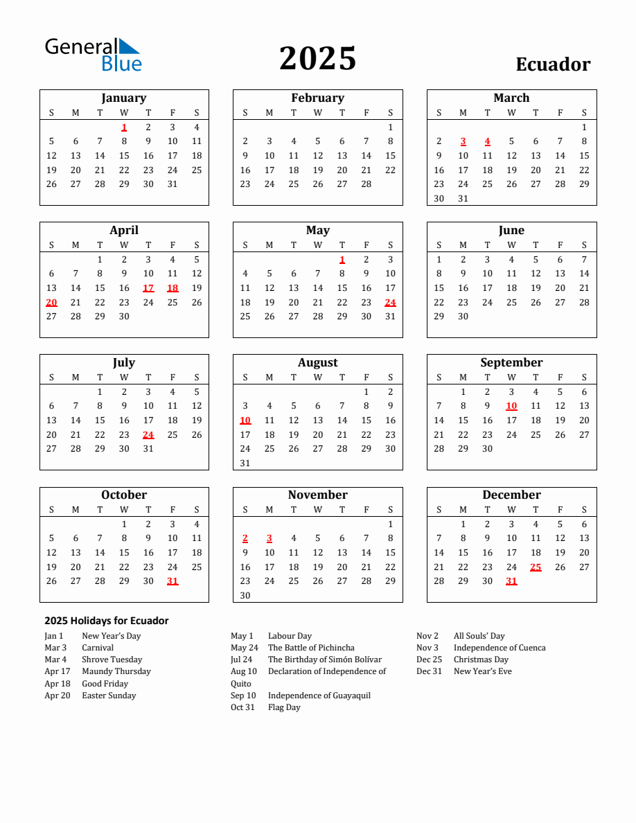 Free Printable 2025 Ecuador Holiday Calendar