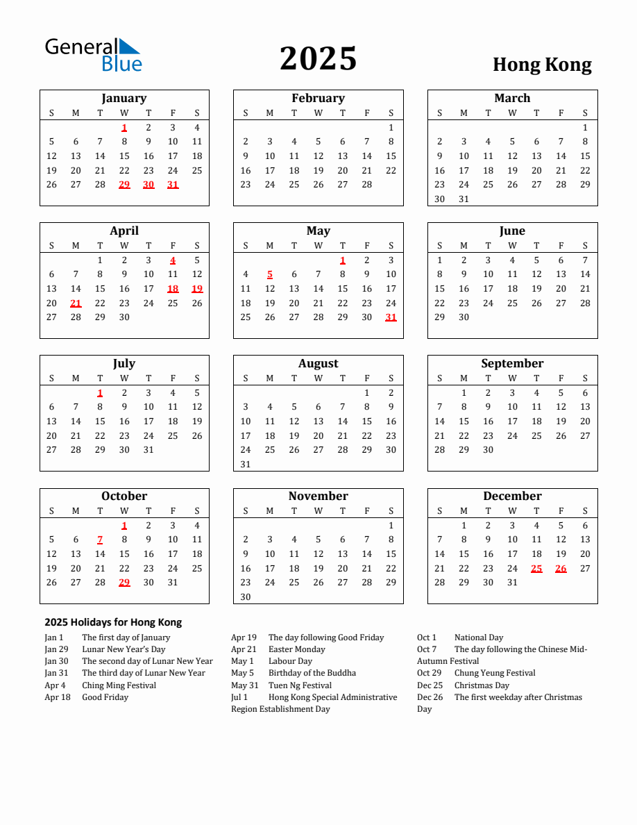 Free Printable 2025 Hong Kong Holiday Calendar