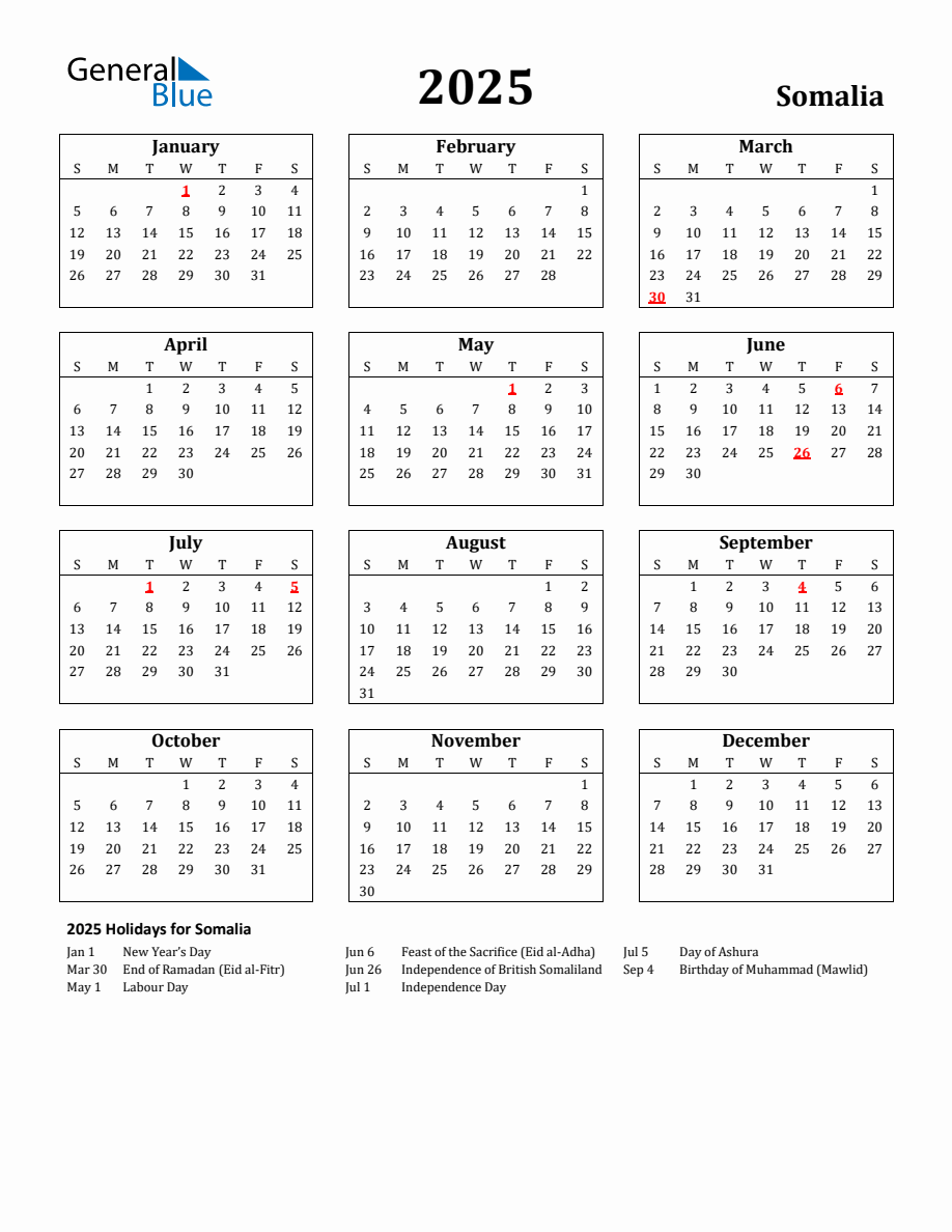 Free Printable 2025 Somalia Holiday Calendar