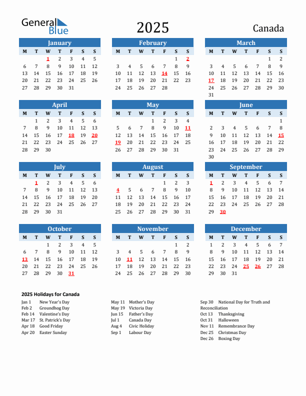 2025 Printable Calendar With Canada Holidays Monday Start 2025 Printable Calendar With Canada Holidays Monday Start