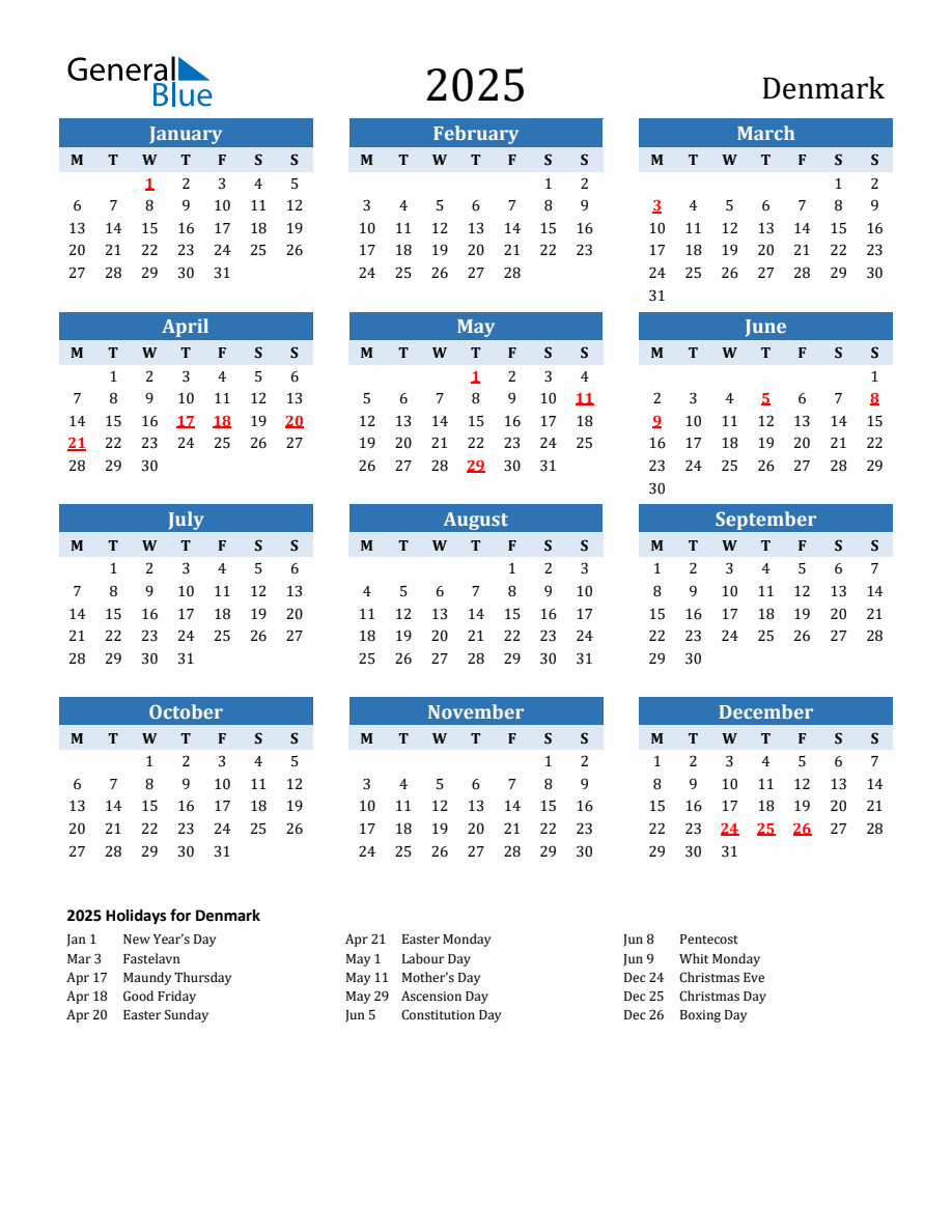 2025 Printable Calendar with Denmark Holidays - Monday Start