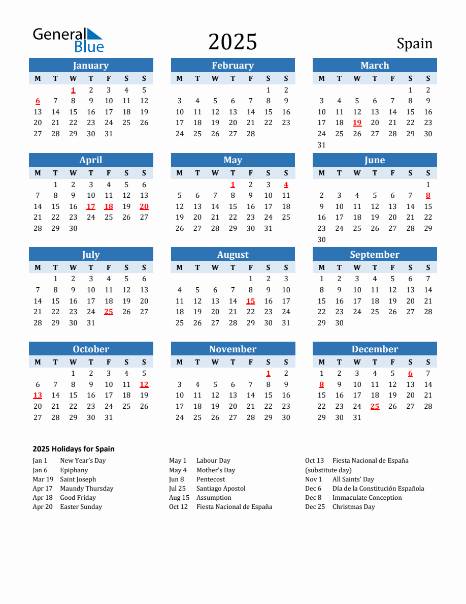 2025 Printable Calendar with Spain Holidays - Monday Start
