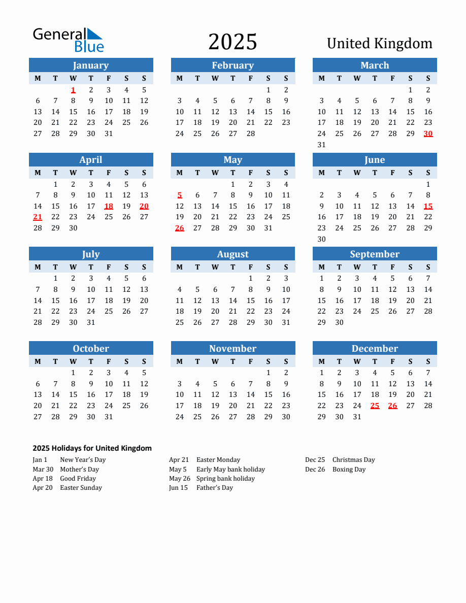 2025 Printable Calendar with United Kingdom Holidays - Monday Start