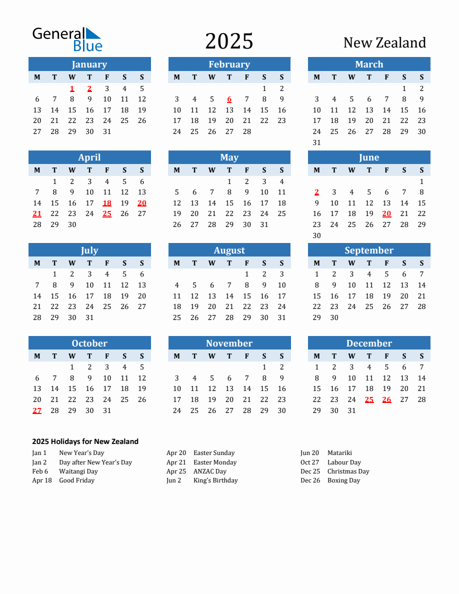 2025 Printable Calendar With New Zealand Holidays Monday Start 2025 Printable Calendar With New Zealand Holidays Monday Start