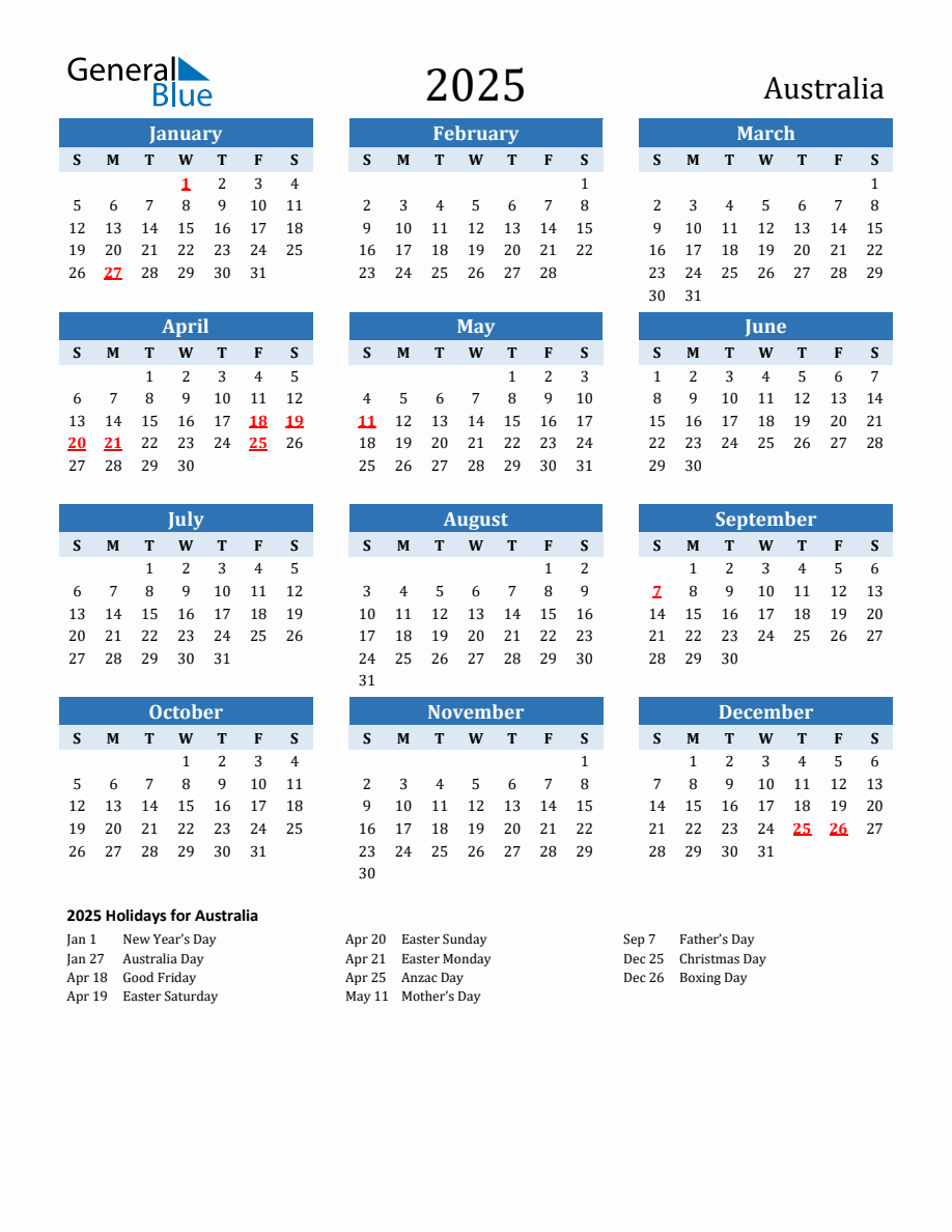 2025 Printable Calendar with Australia Holidays