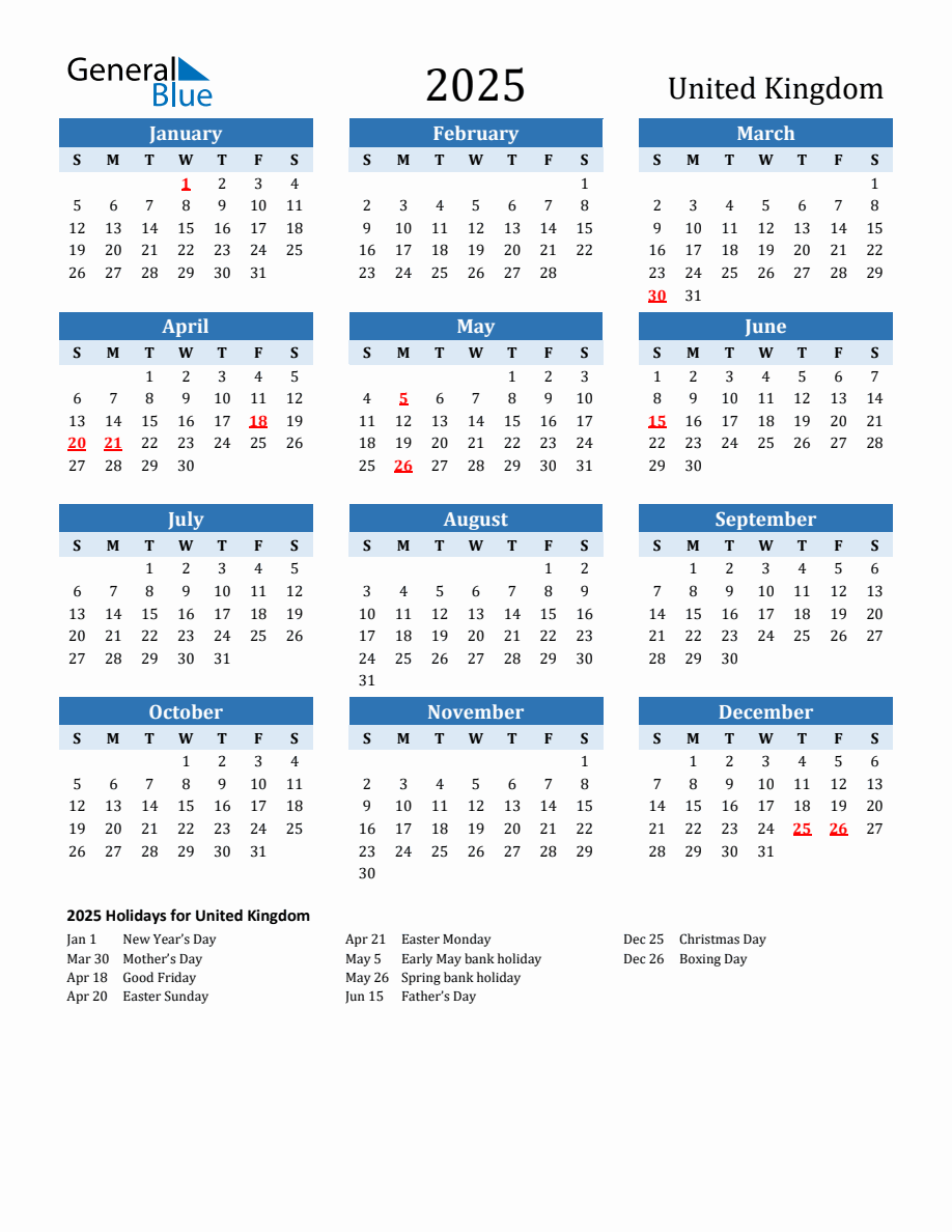 2025 Printable Calendar with United Kingdom Holidays