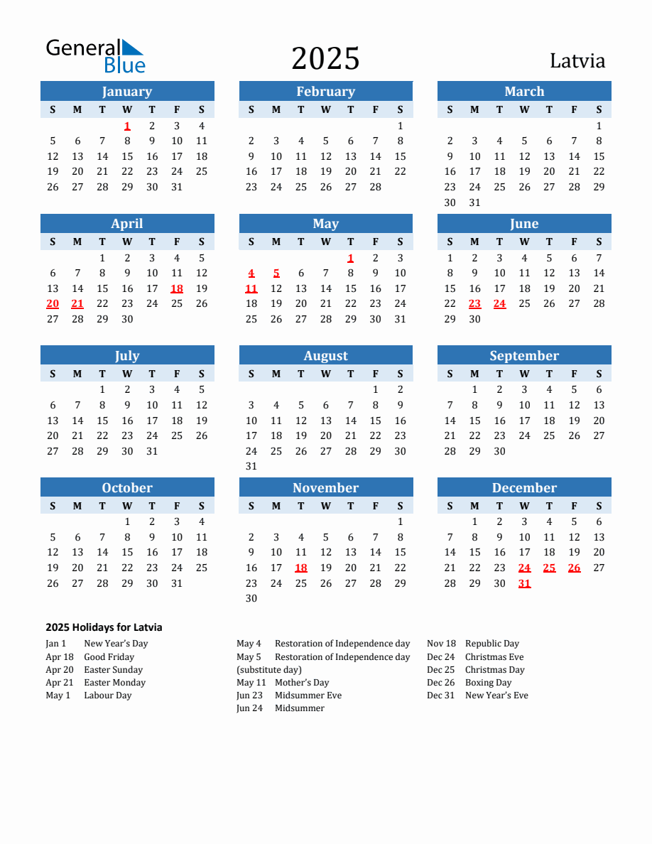 2025 Printable Calendar with Latvia Holidays