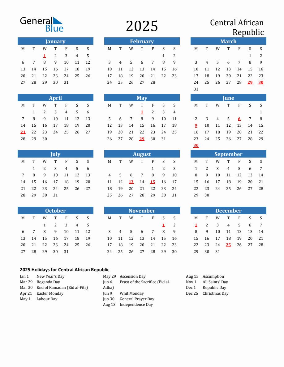 Central African Republic 2025 Calendar with Holidays - Monday Start