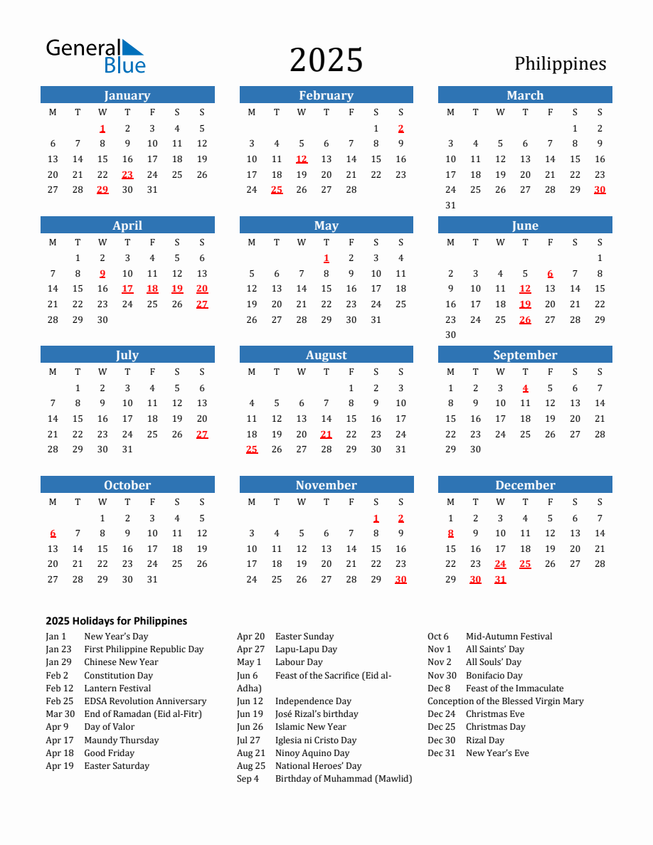 Philippines 2025 Calendar with Holidays - Monday Start