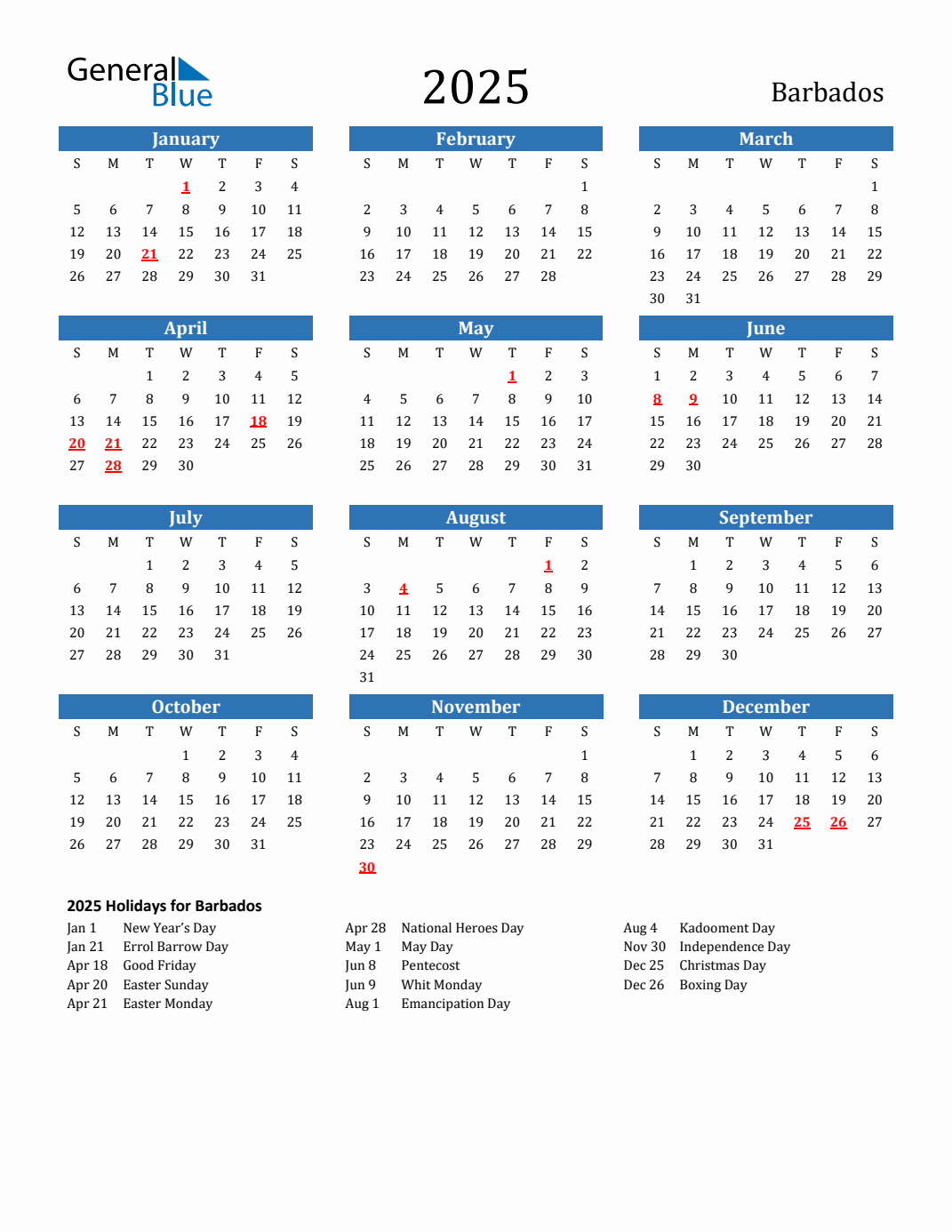 2025 Barbados Calendar with Holidays