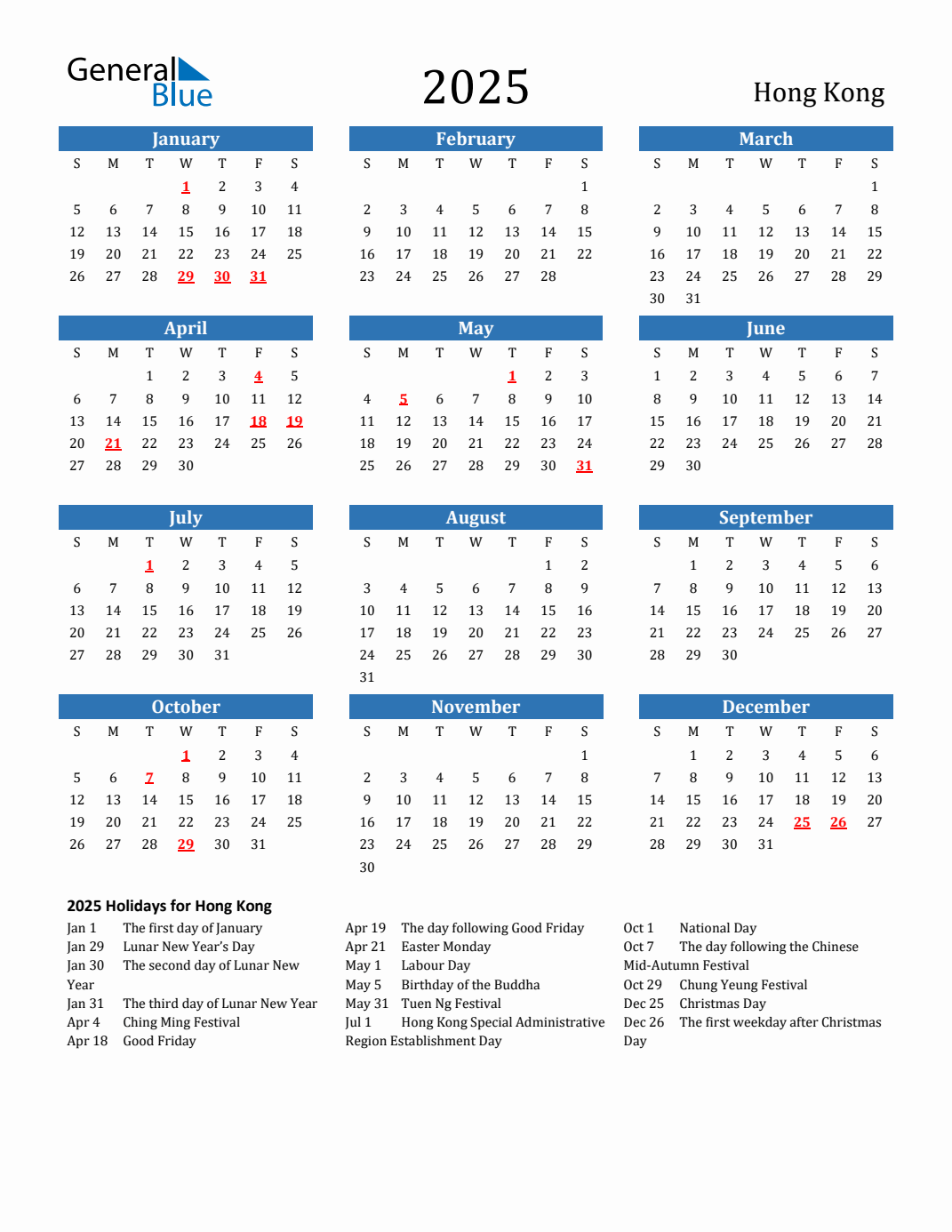 2025 Hong Kong Calendar with Holidays