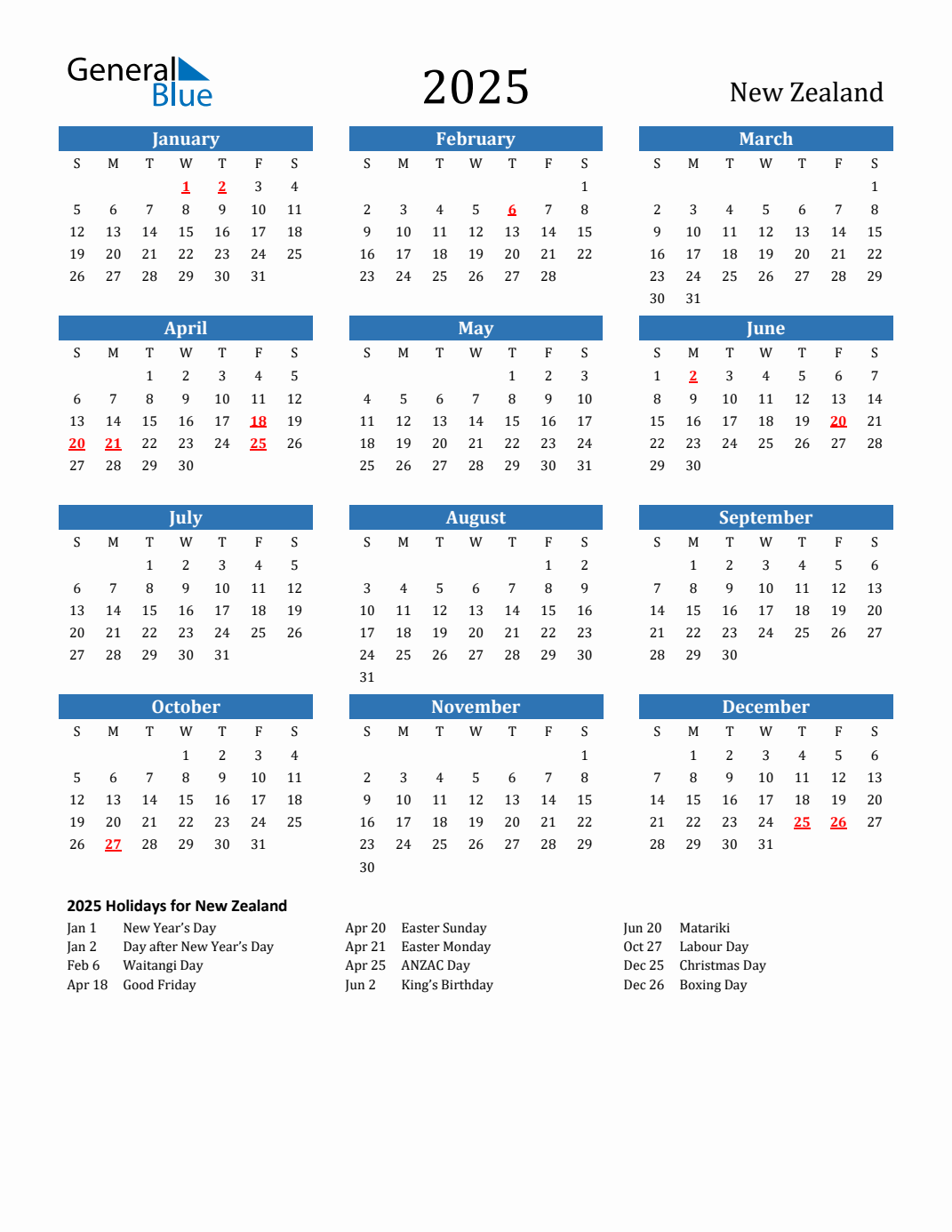 2025 New Zealand Calendar with Holidays