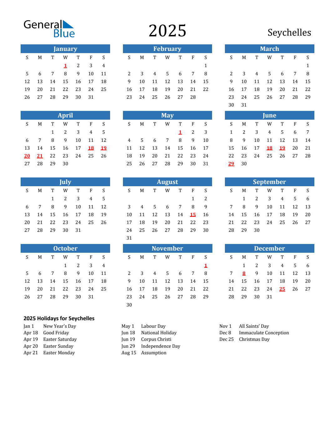 2025 Seychelles Calendar with Holidays (Monday Start)