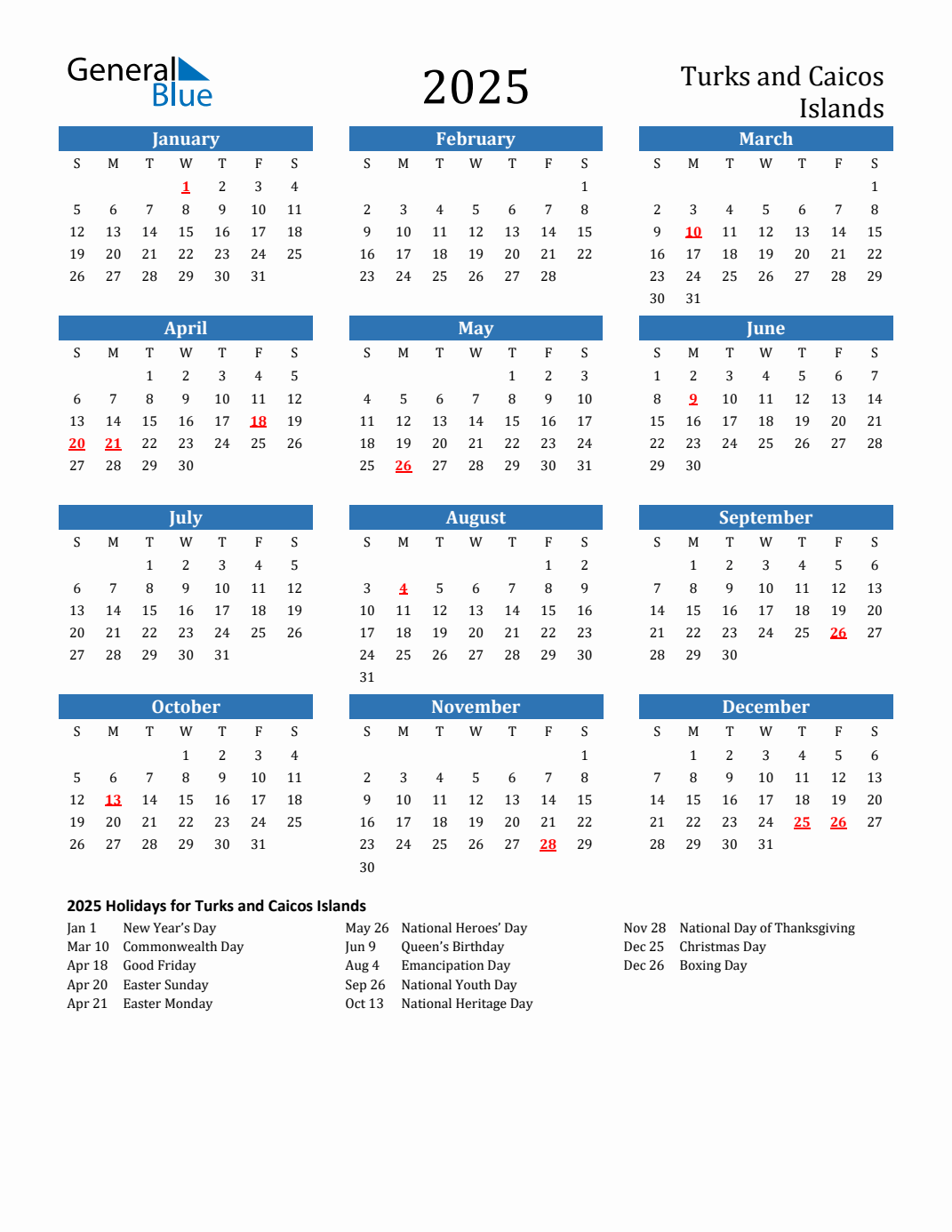 2025 Turks and Caicos Islands Calendar with Holidays
