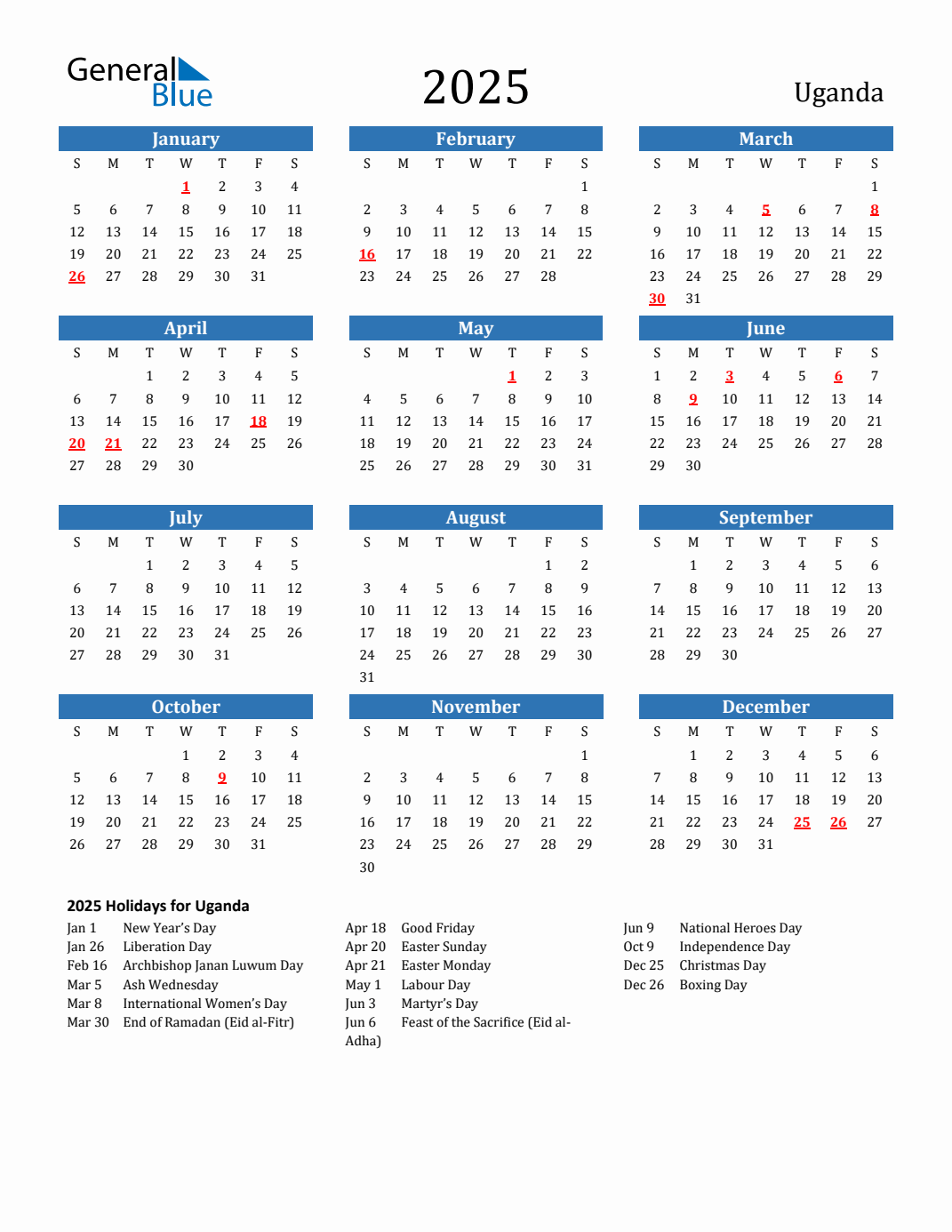 2025 Uganda Calendar with Holidays