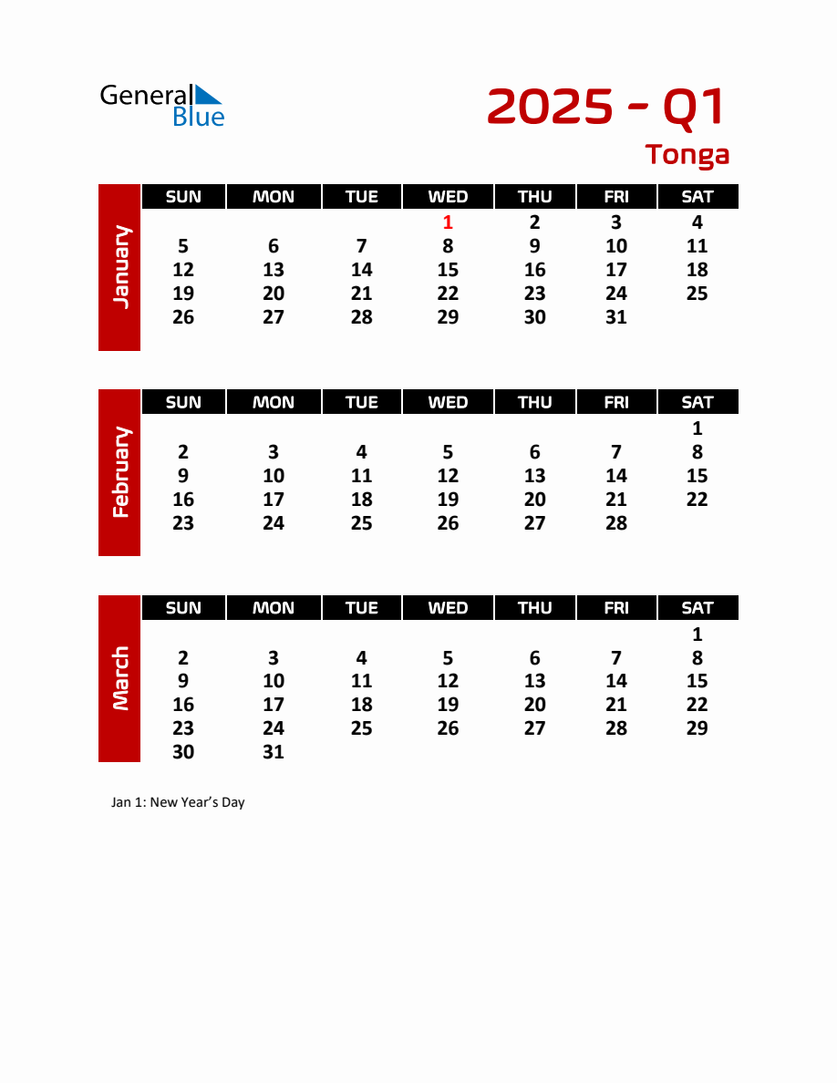 Q1 2025 Calendar with Holidays for Tonga