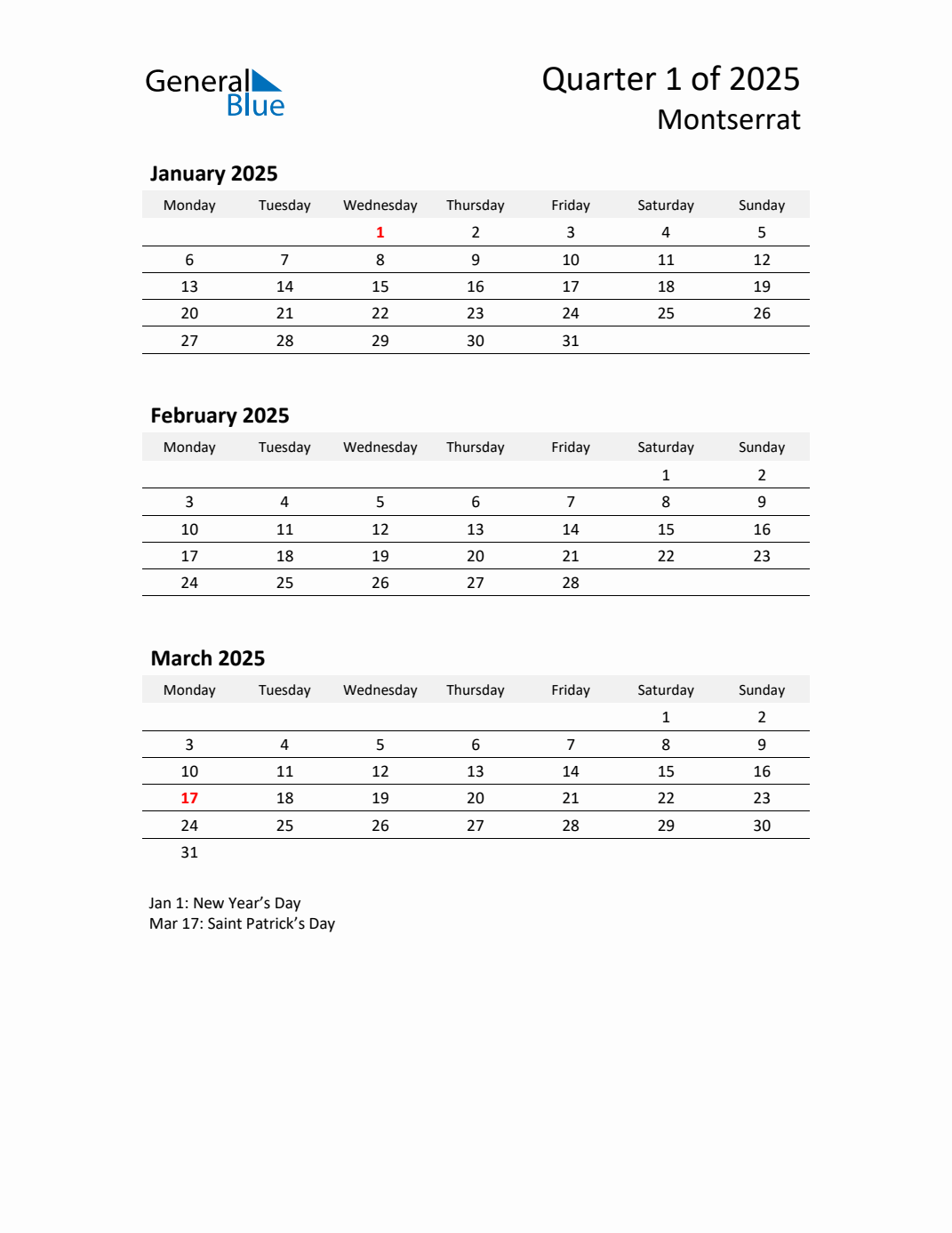 Q1 2025 Monday Start Quarterly Calendar with Montserrat Holidays