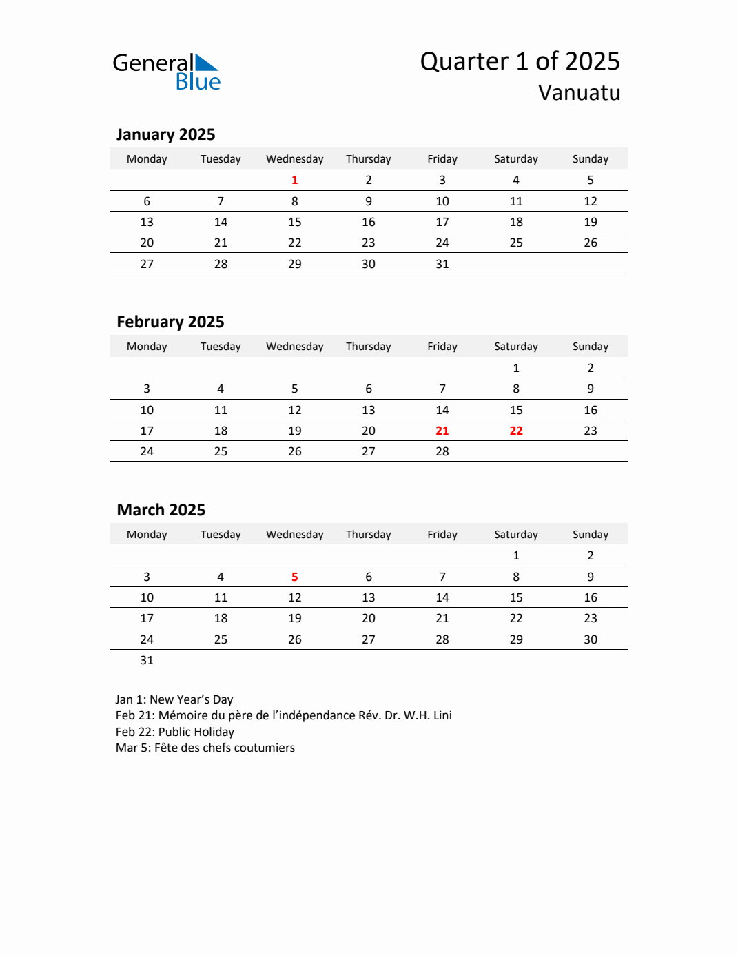 Q1 2025 Monday Start Quarterly Calendar with Vanuatu Holidays
