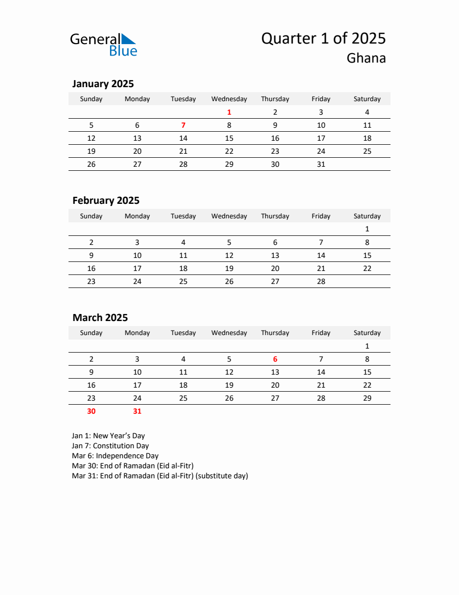 Three-Month Calendar for Ghana (Q1 of 2025)