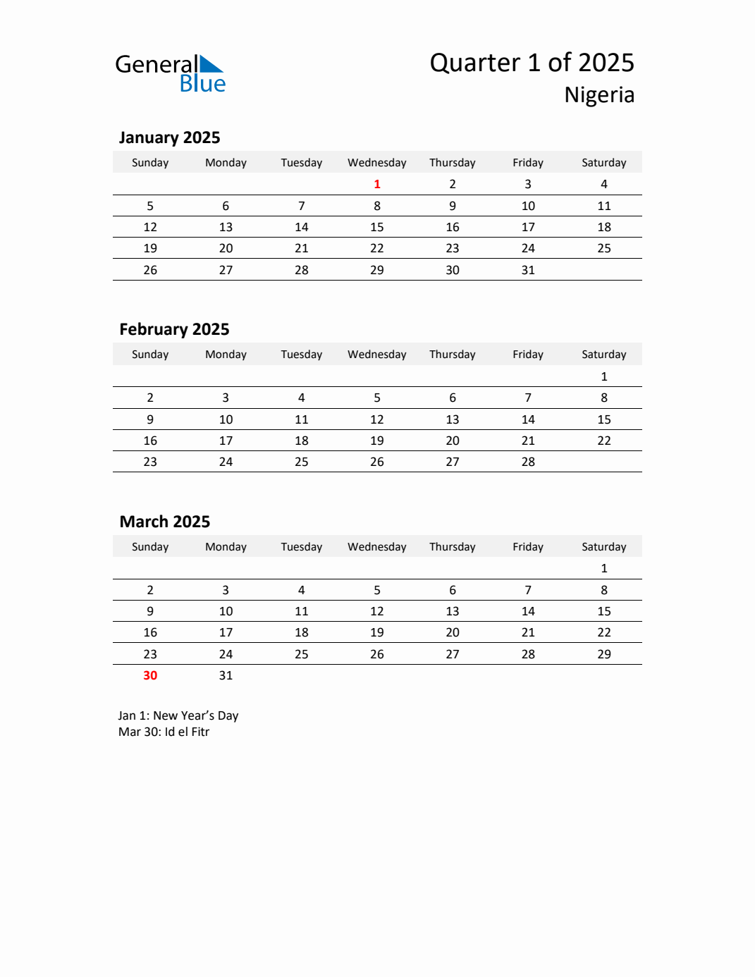 Q1 2025 Quarterly Calendar with Nigeria Holidays (PDF, Excel, Word)
