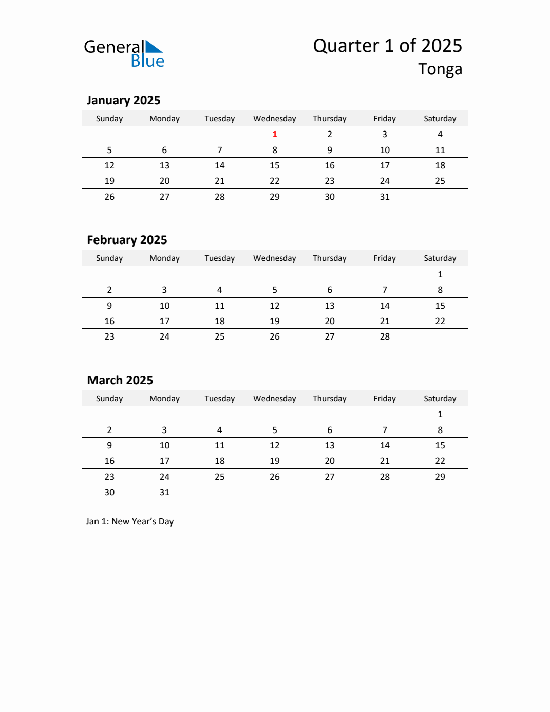Q1 2025 Quarterly Calendar with Tonga Holidays (PDF, Excel, Word)