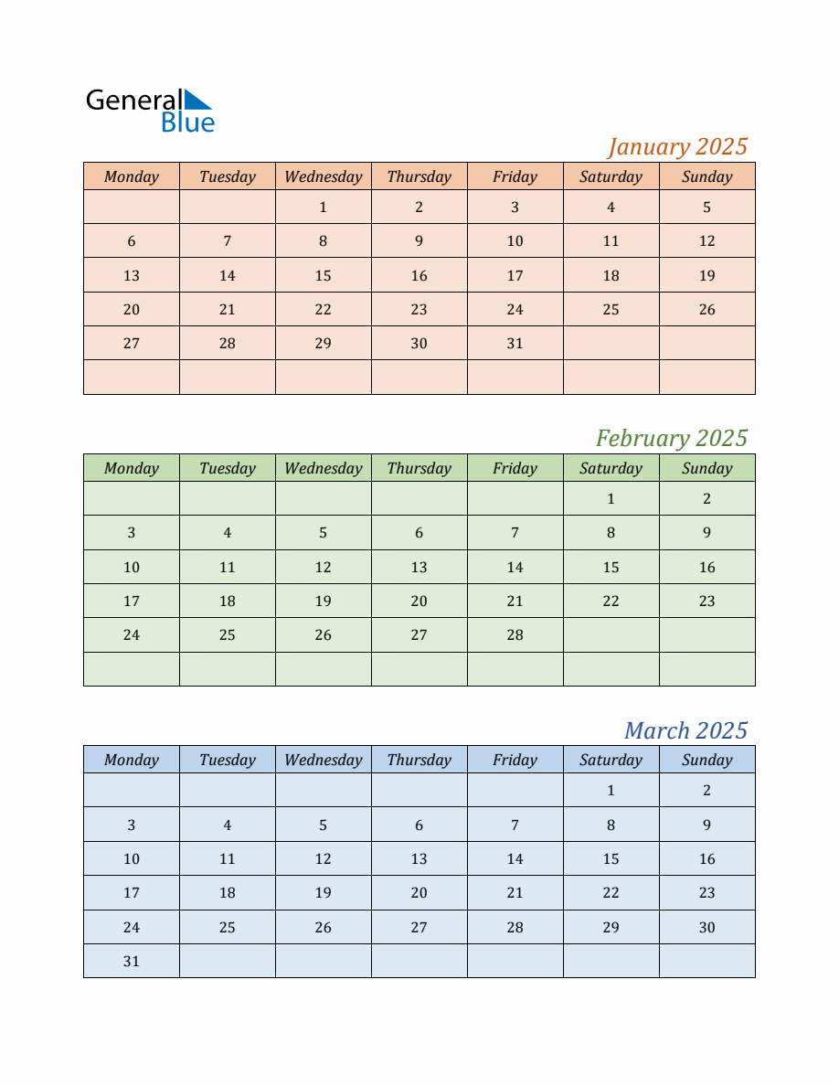 Three-Month Calendar for Year 2025 (January, February, and March ...