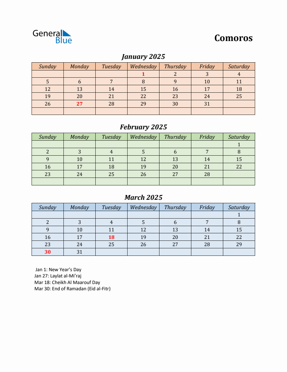 Q1 2025 Holiday Calendar for Comoros