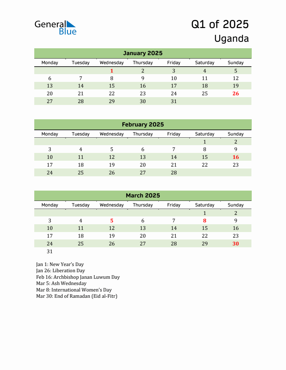 Quarterly Calendar with Uganda Holidays (Q1 of 2025) - Monday Start