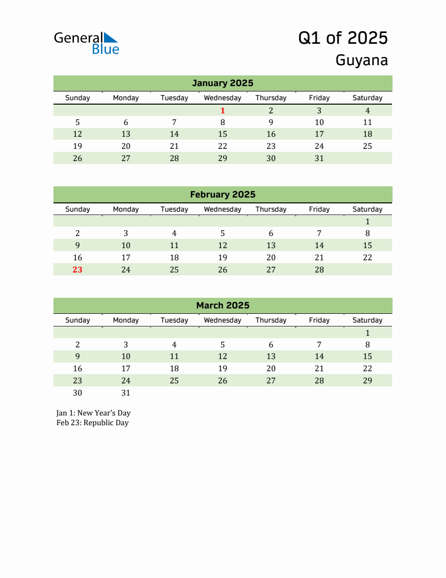 Quarterly Calendar with Guyana Holidays (Q1 of 2025)