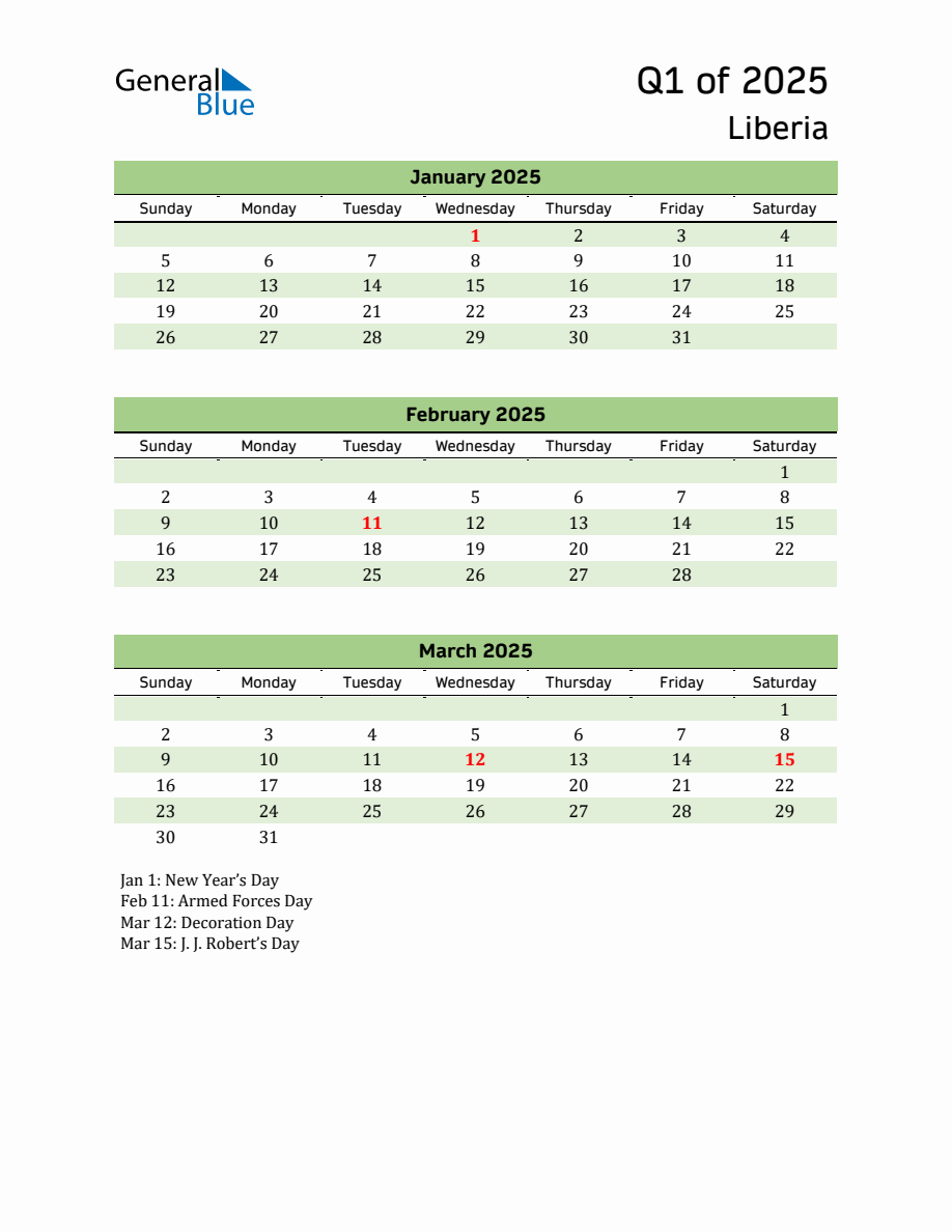 Quarterly Calendar with Liberia Holidays (Q1 of 2025)