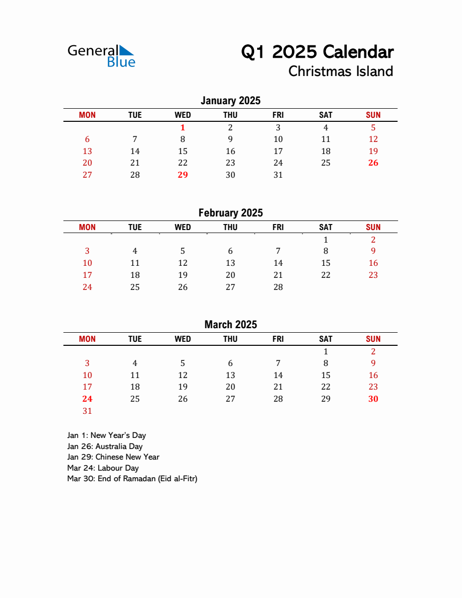2025 Q1 Calendar with Holidays List for Christmas Island - Monday Start
