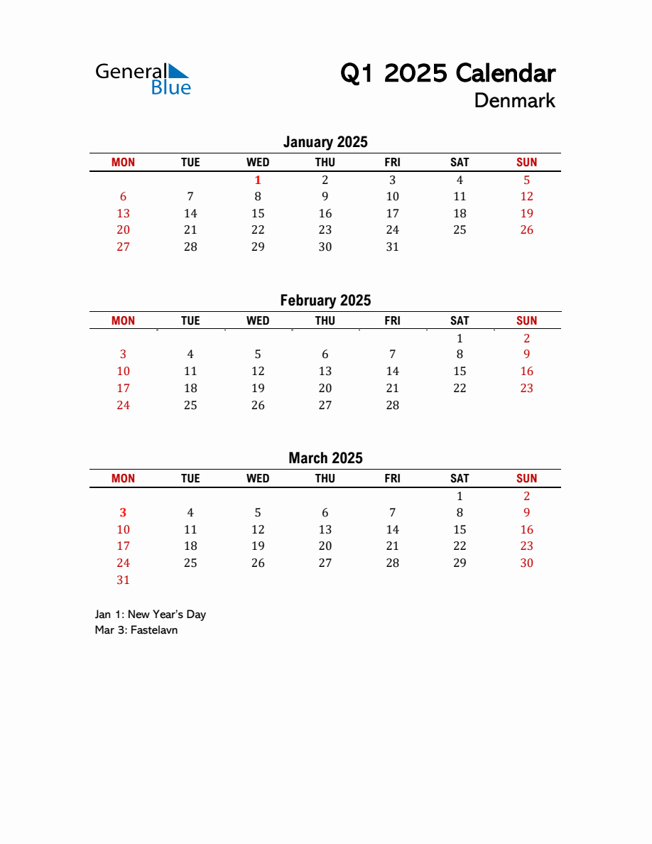 2025 Q1 Calendar with Holidays List for Denmark - Monday Start