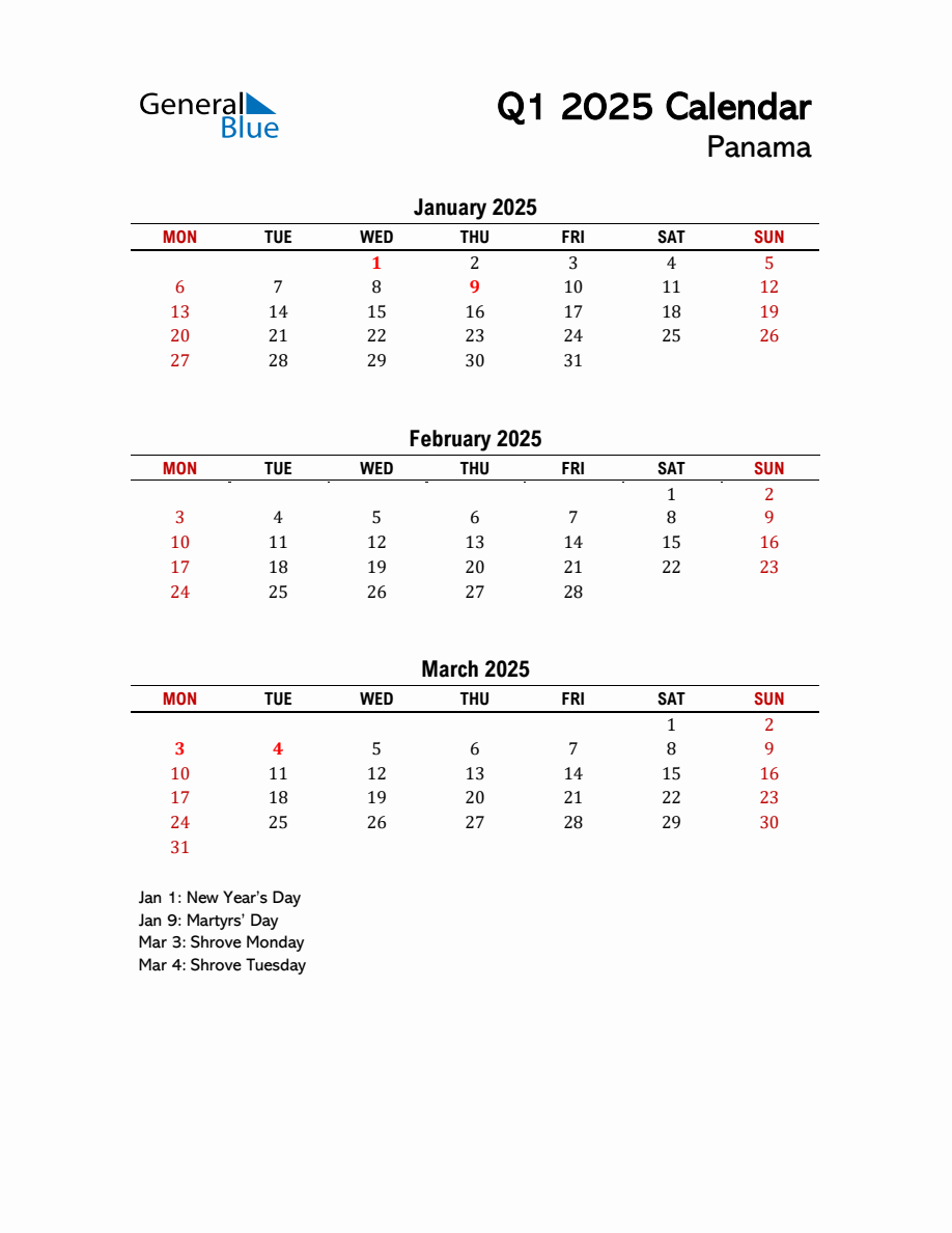2025 Q1 Calendar with Holidays List for Panama - Monday Start