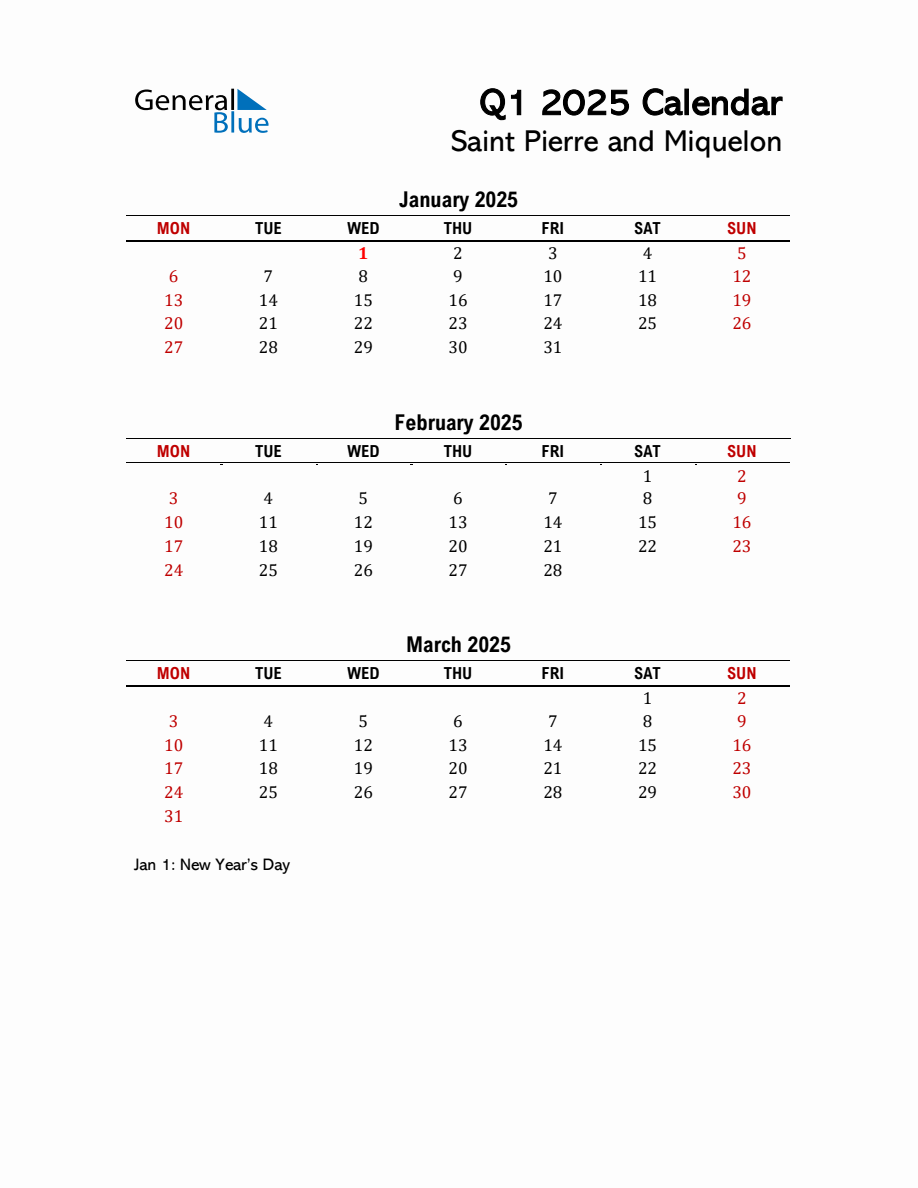 2025 Q1 Calendar with Holidays List for Saint Pierre and Miquelon ...