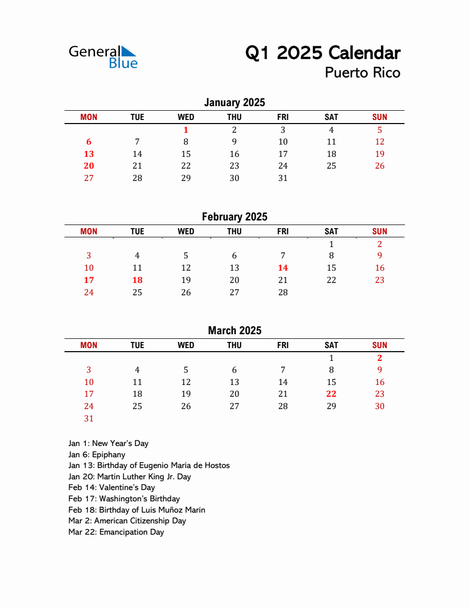 2025 Q1 Calendar with Holidays List for Puerto Rico - Monday Start