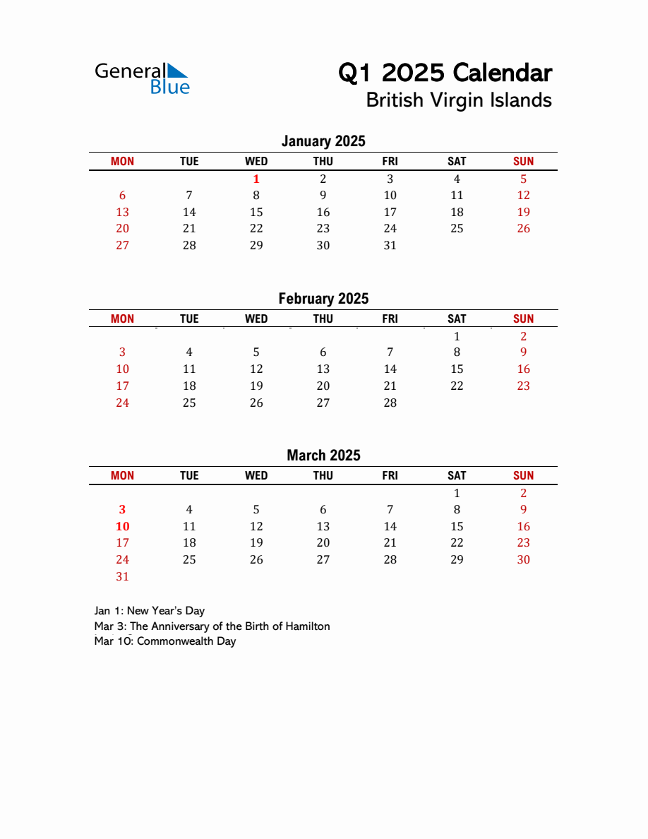 2025 Q1 Calendar with Holidays List for British Virgin Islands - Monday ...