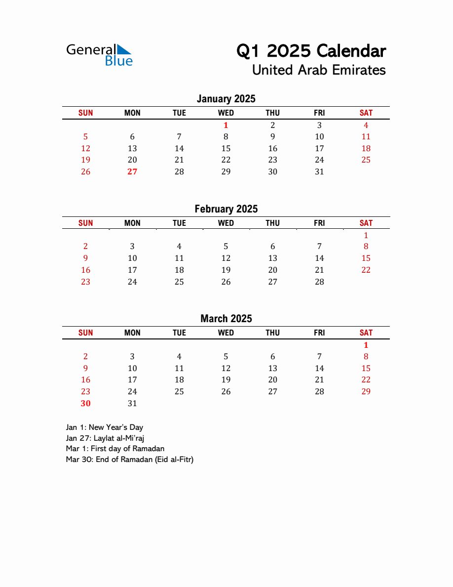 2025 Q1 Calendar with Holidays List for United Arab Emirates