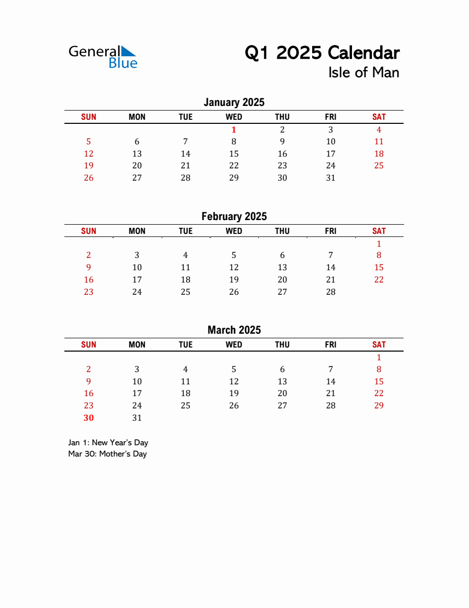 2025 Q1 Calendar with Holidays List for Isle of Man