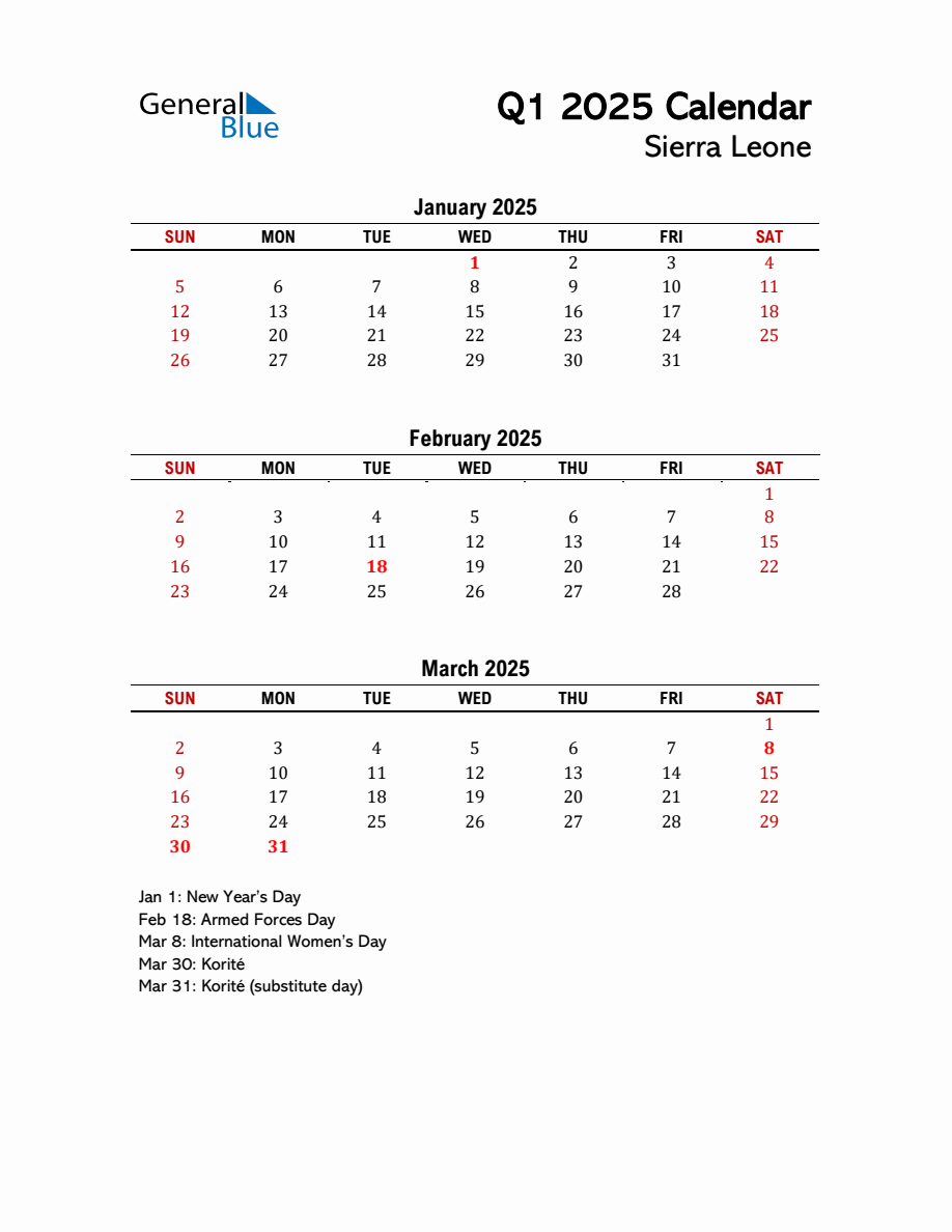 2025 Q1 Calendar with Holidays List for Sierra Leone
