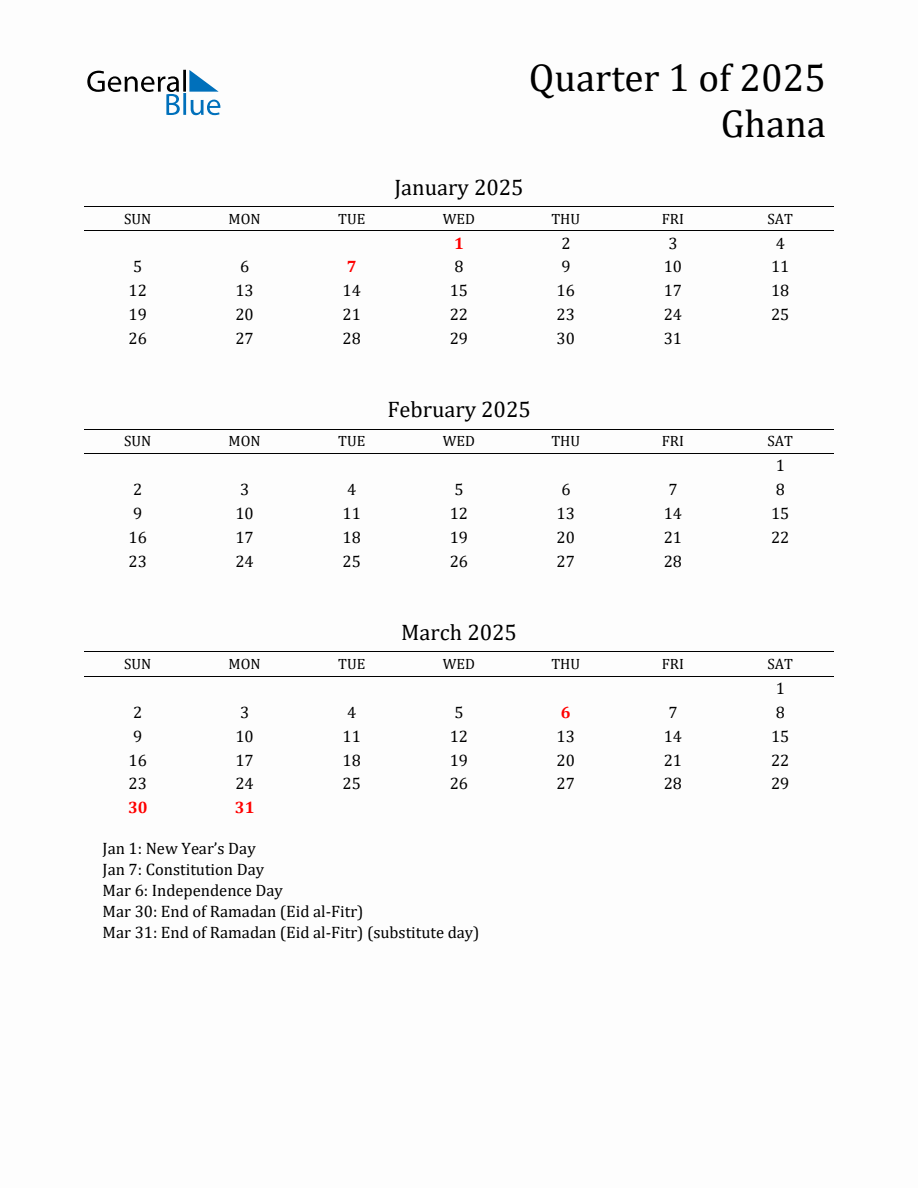 Quarter 1 2025 Ghana Calendar