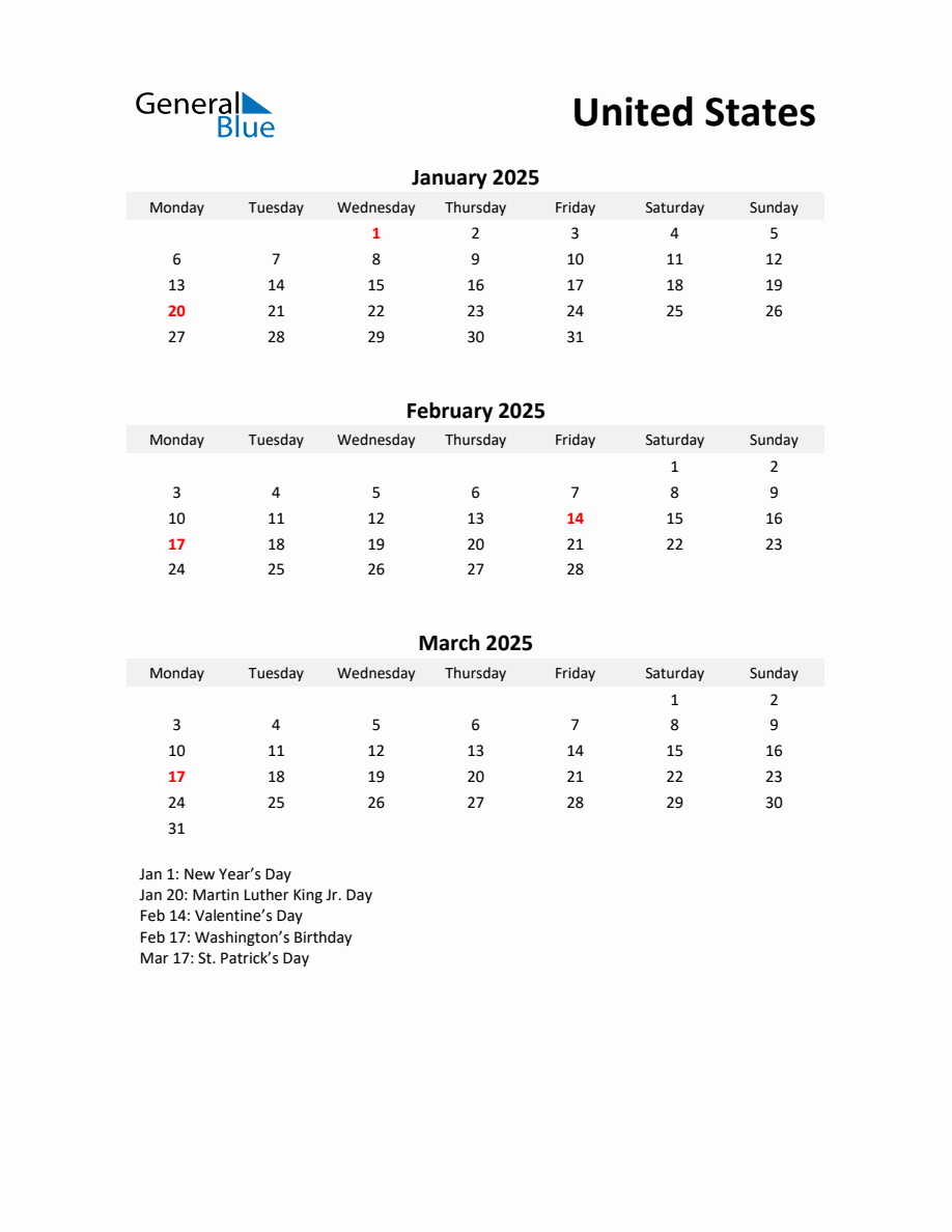 Printable Quarterly Calendar with Notes and United States Holidays- Q1 ...