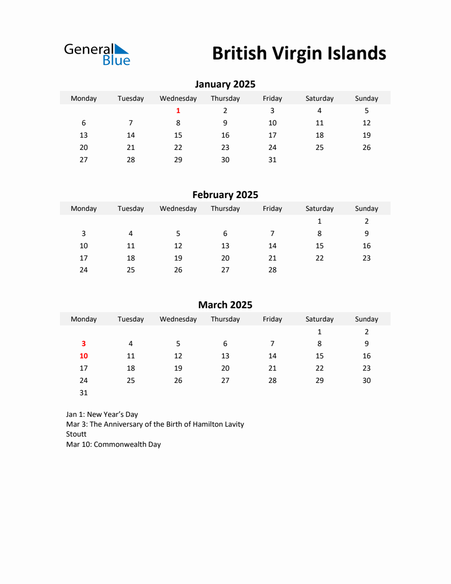 Printable Quarterly Calendar with Notes and British Virgin Islands ...